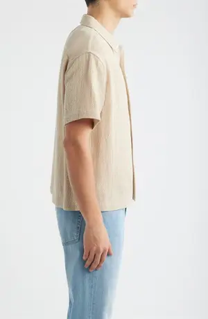 FRAME Open Weave Short Sleeve Cotton Blend Button-up Shirt - Light Stone