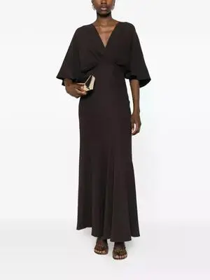 Agnona V-neck Midi Flared Dress - Brown