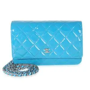 Chanel Quilted Patent Classic Wallet On Chain - Blue