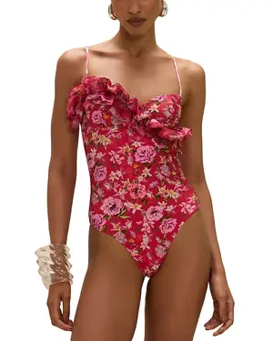 PatBO Peony Print Ruffle One-piece Swimsuit - Red
