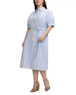 Foxcroft Esther Elbow Sleeve Stripe Seersucker Dress - Blue Multi