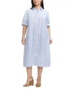 Foxcroft Esther Elbow Sleeve Stripe Seersucker Dress - Blue Multi