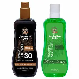 AUSTRALIAN GOLD Spf 30 Spray Gel Bronzer Soothing Aloe Bundle