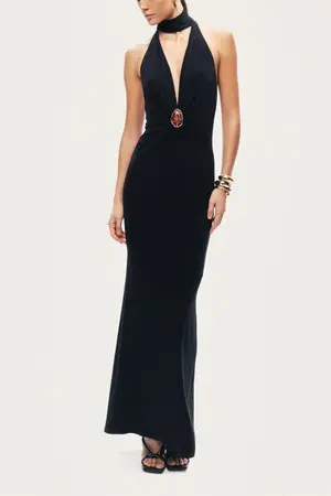 NOCTURNE Halter-neck Draped Maxi Dress - Black