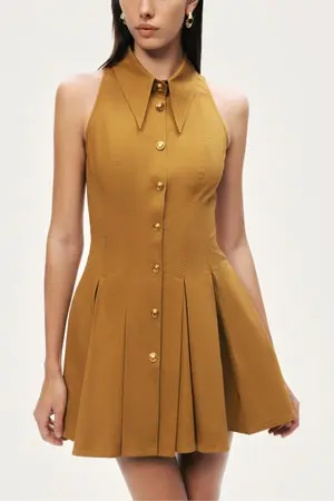NOCTURNE Sleeveless Pleated Mini Dress - Camel