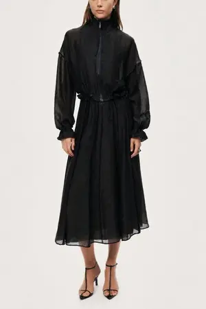 NOCTURNE Sheer Pleated Midi Skirt - Black