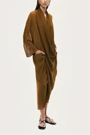 NOCTURNE Draped V-neck Midi Dress - Camel