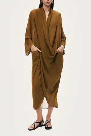 NOCTURNE Draped V-neck Midi Dress - Camel