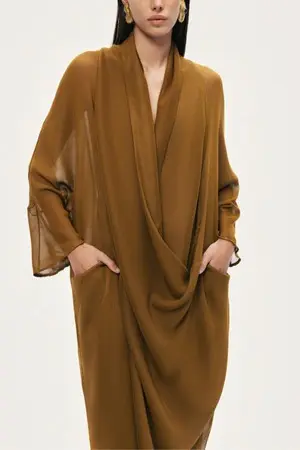NOCTURNE Draped V-neck Midi Dress - Camel