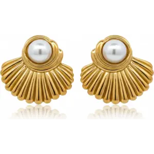 GEMINI JEWELRY 18k Gold Plated Crystal Pearl Shell Stud Earrings - Yellow