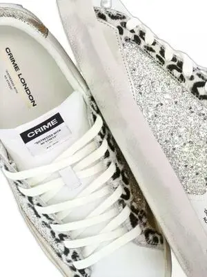 CRIME LONDON Distressed Animal-print Glitter Sneakers - White