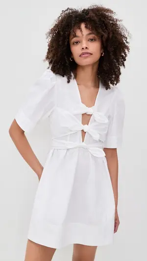 GANNI Stretch Cotton Mini Tie Strap Dress - Bright White