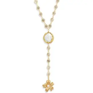 VIDAKUSH Hibiscus Freshwater Pearl Y-necklace - Gold