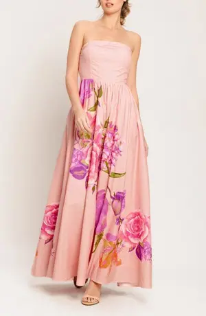 FLYING TOMATO Print Strapless Cotton Maxi Dress