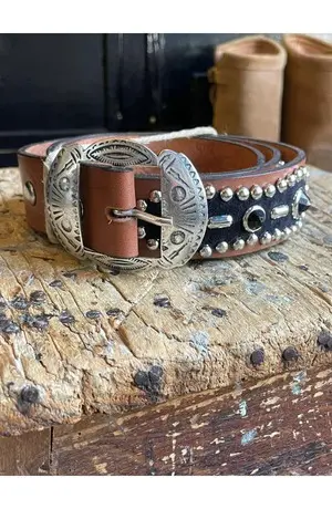 FORTELA Western Leather Belt With Navajo Buckle - Silver
