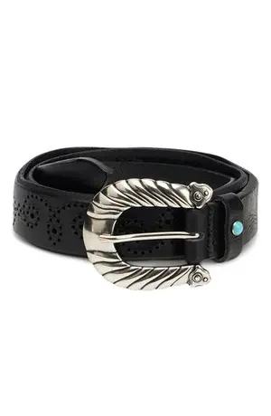 FORTELA Perforated Leather Belt With Turquoise Buckle - Black