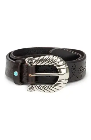 FORTELA Perforated Leather Belt With Turquoise Buckle Brown