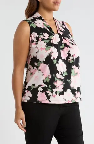 KASPER Floral Print Knot Front Sleeveless Top
