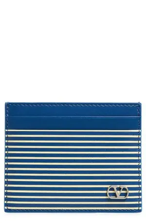 Valentino Garavani Vlogo Signature Stripe Leather Card Case - Marine/light Ivory