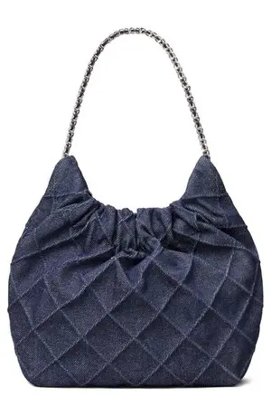 Tory Burch Mini Fleming Quilted Denim Hobo Bag
