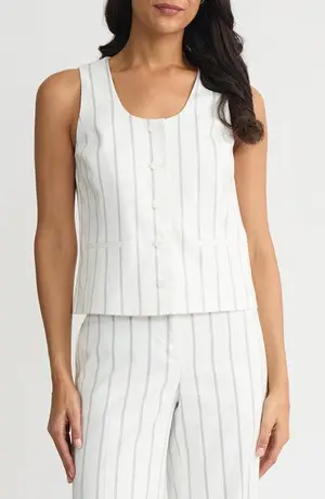 KASPER Pinstripe Scoop Neck Vest - Lily White/blk