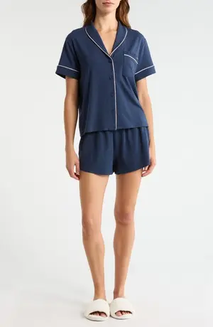 Lunya Slumberknit™ Shawl Collar Short Pajamas - Deep Blue/delicate Pink