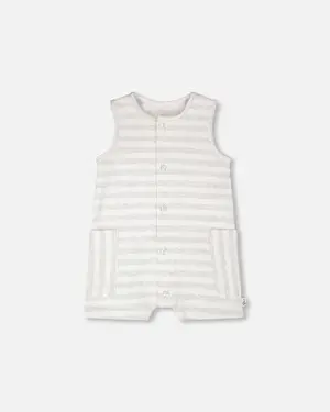 DEUX PAR DEUX Sleeveless Striped Cotton Romper - White & Grey Stripes