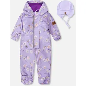 DEUX PAR DEUX Baby Daisy Print One-piece With Hat - Purple Printed Daisies