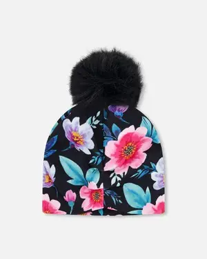 DEUX PAR DEUX Floral Printed Jersey Hat With Pompom