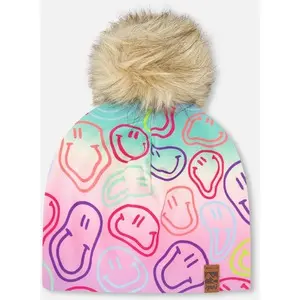 DEUX PAR DEUX Printed Jersey Hat With Pom Pom - Multicolored Printed Smileys