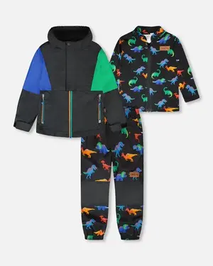 DEUX PAR DEUX 3-in-1 Dinosaur Print Outerwear Set - Black Dinosaur Print