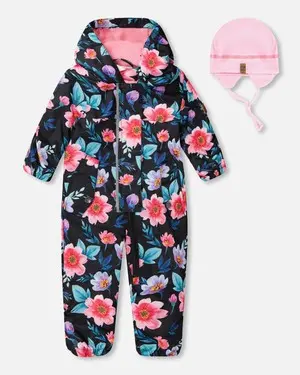 DEUX PAR DEUX Baby Printed One-piece Outerwear With Hat - Black Floral Print