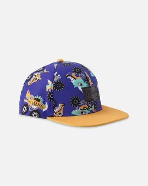 DEUX PAR DEUX Truck Print Flat Brim Cap - Blue Printed Trucks