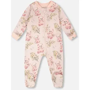 DEUX PAR DEUX Organic Cotton Bear Print One-piece Pyjama - Pale Rose Bear Print