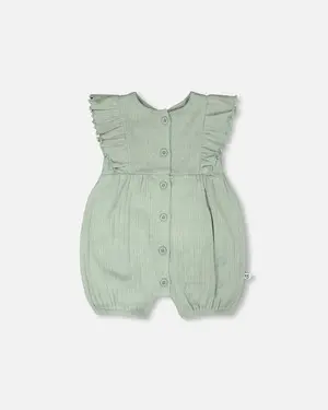 DEUX PAR DEUX Cotton Pointelle Jersey Romper With Frills - Green