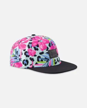 DEUX PAR DEUX Floral And Leopard Print Flat Brim Cap - Blue Floral And Leopard Print