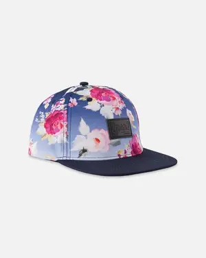 DEUX PAR DEUX Flat Brim Flower Print Cap - Blue With Roses Print