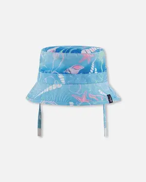 DEUX PAR DEUX Wide Brim Shell Print Beach Hat - Blue Seashell Print