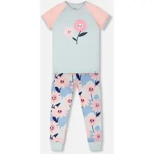 DEUX PAR DEUX Organic Cotton Smiling Flower Two-piece Pyjama Set - Blue Smiling Flower Print