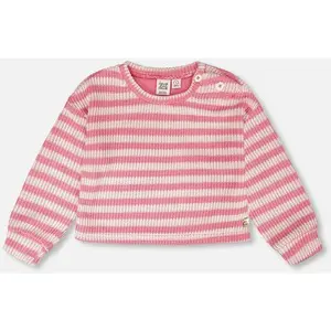 DEUX PAR DEUX Long Sleeve Striped Cropped Sweater - Pink & White Stripes