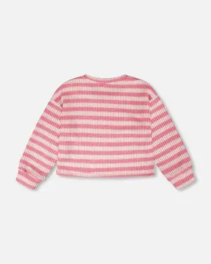 DEUX PAR DEUX Long Sleeve Striped Cropped Sweater - Pink & White Stripes