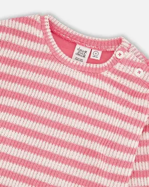 DEUX PAR DEUX Long Sleeve Striped Cropped Sweater - Pink & White Stripes