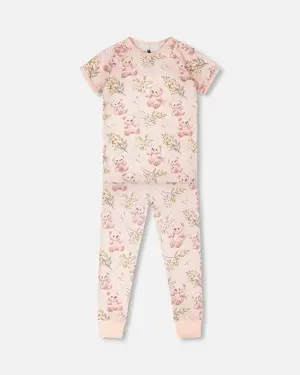 DEUX PAR DEUX Organic Cotton Bear Two-piece Pyjama Set - Pale Rose Bear Print