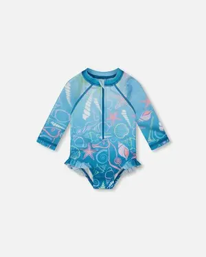 DEUX PAR DEUX Printed Long Sleeve Rashguard - Blue Seashell Print