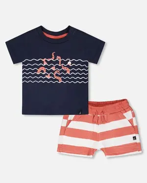 DEUX PAR DEUX Organic Cotton T-shirt And Stripes Short Set - Blue And Brick Stripes
