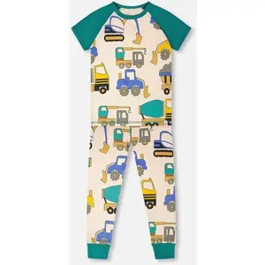 DEUX PAR DEUX Organic Cotton Truck Two-piece Pyjama Set - Beige Printed Trucks
