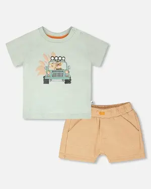 DEUX PAR DEUX Organic Cotton Monkey Short Set - Mint Green And Beige