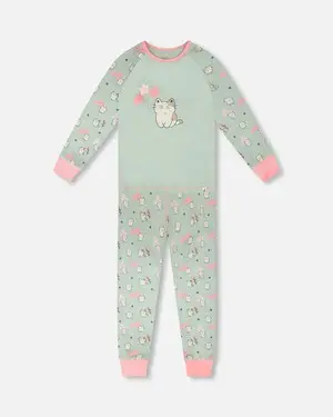 DEUX PAR DEUX Organic Cotton Kitten Two-piece Pyjama Set - Green Kitten Print