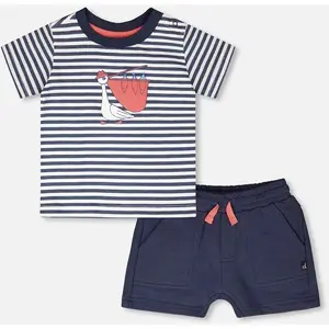 DEUX PAR DEUX Organic Cotton T-shirt And Shorts Set - Blue Stripes And Blue