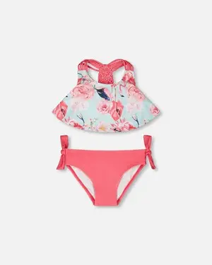 DEUX PAR DEUX Two-piece Triple Strap Flamingo Swimsuit - Blue Flamingo Print